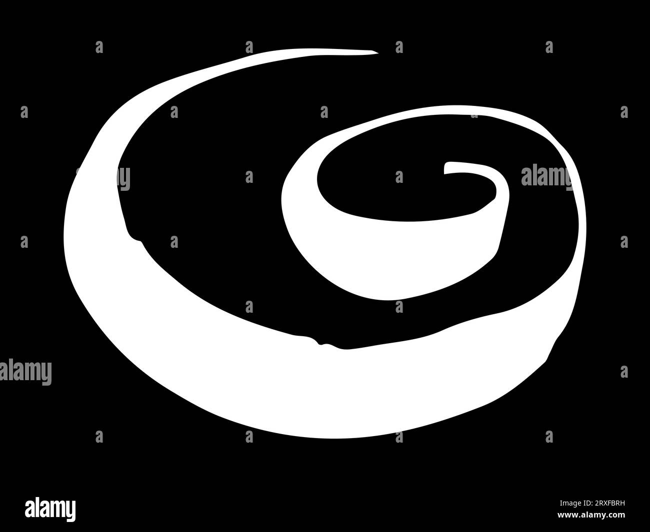 Round swirl symbol, hand painted with white paint brush, on black ...