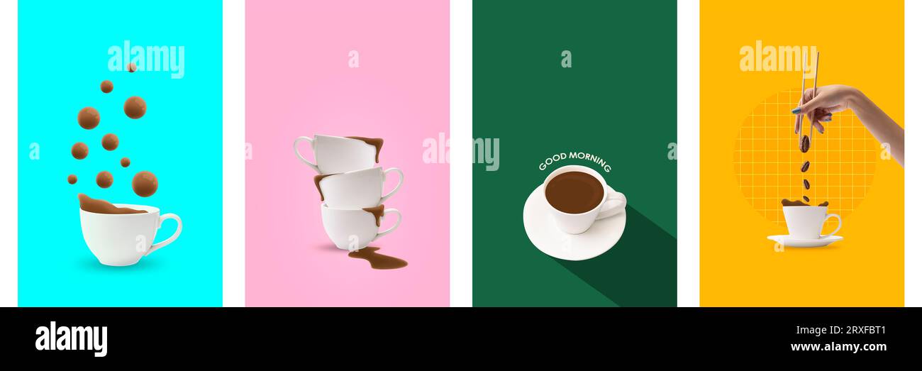 Creative design. Collage. Coffee cups with delicious, fresh coffee over ...
