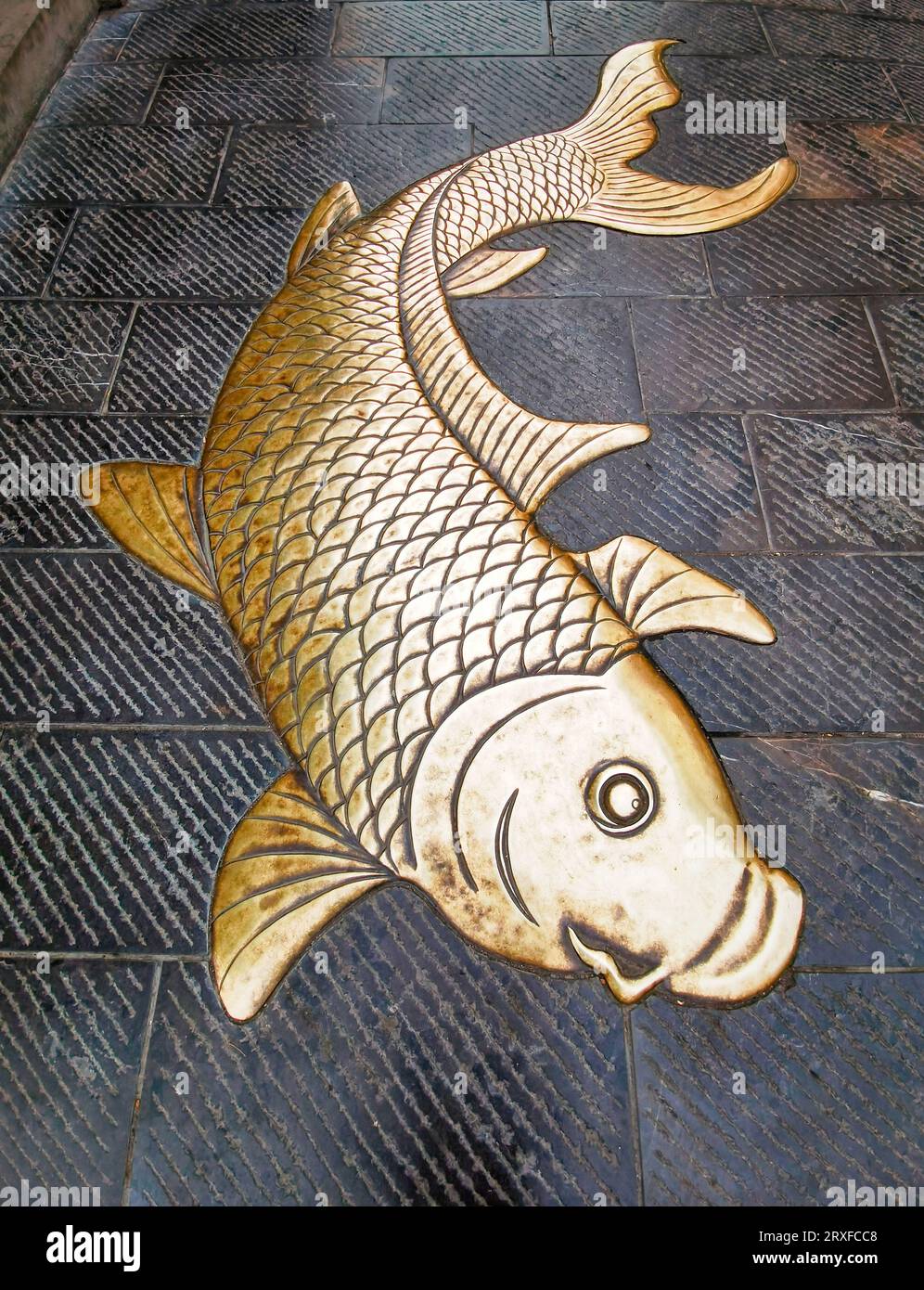 Beijing China, February 21, 2023: Bronze Fish Sculpture in Shinise Food ...