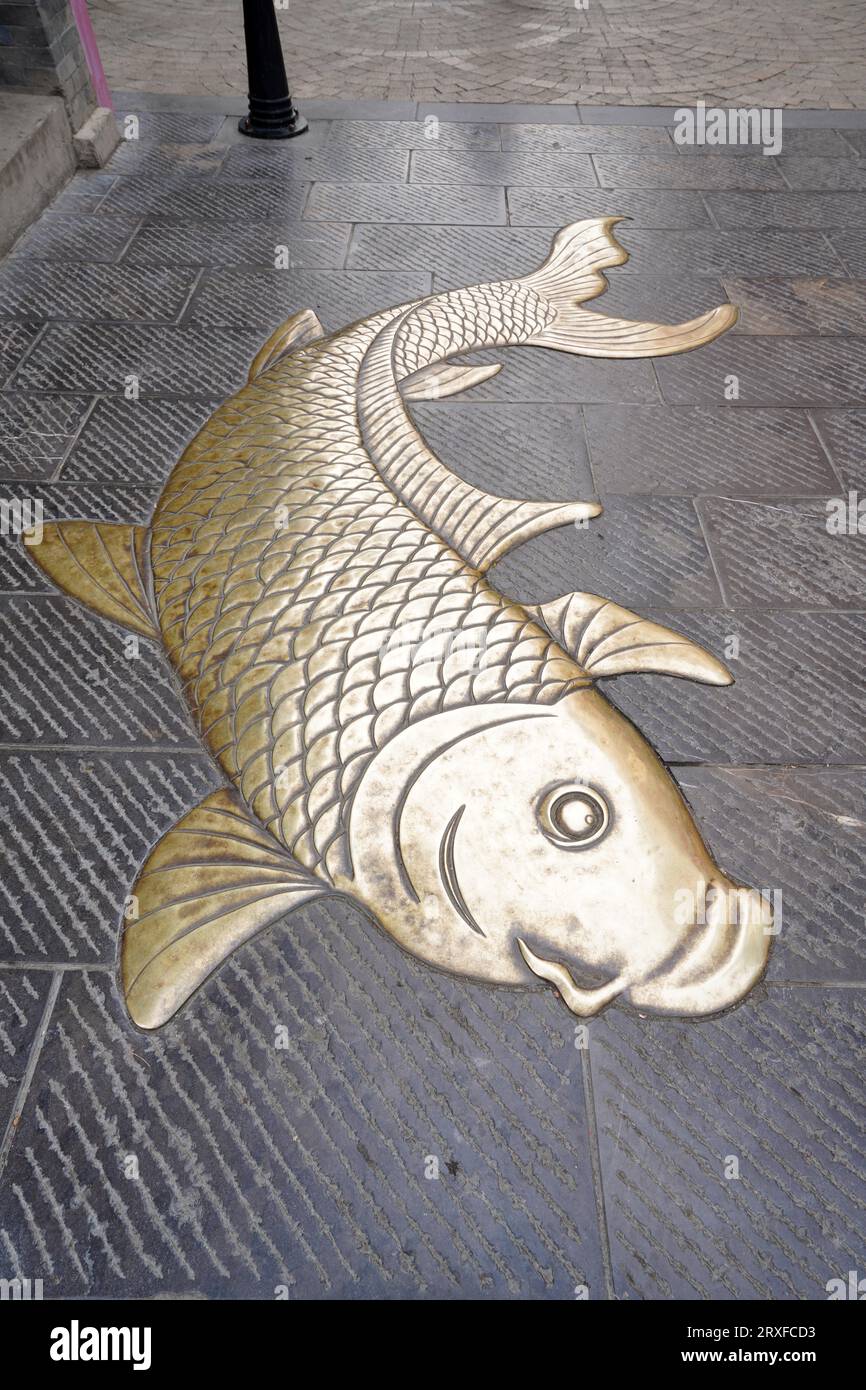 Beijing China, February 21, 2023: Bronze Fish Sculpture in Shinise Food ...