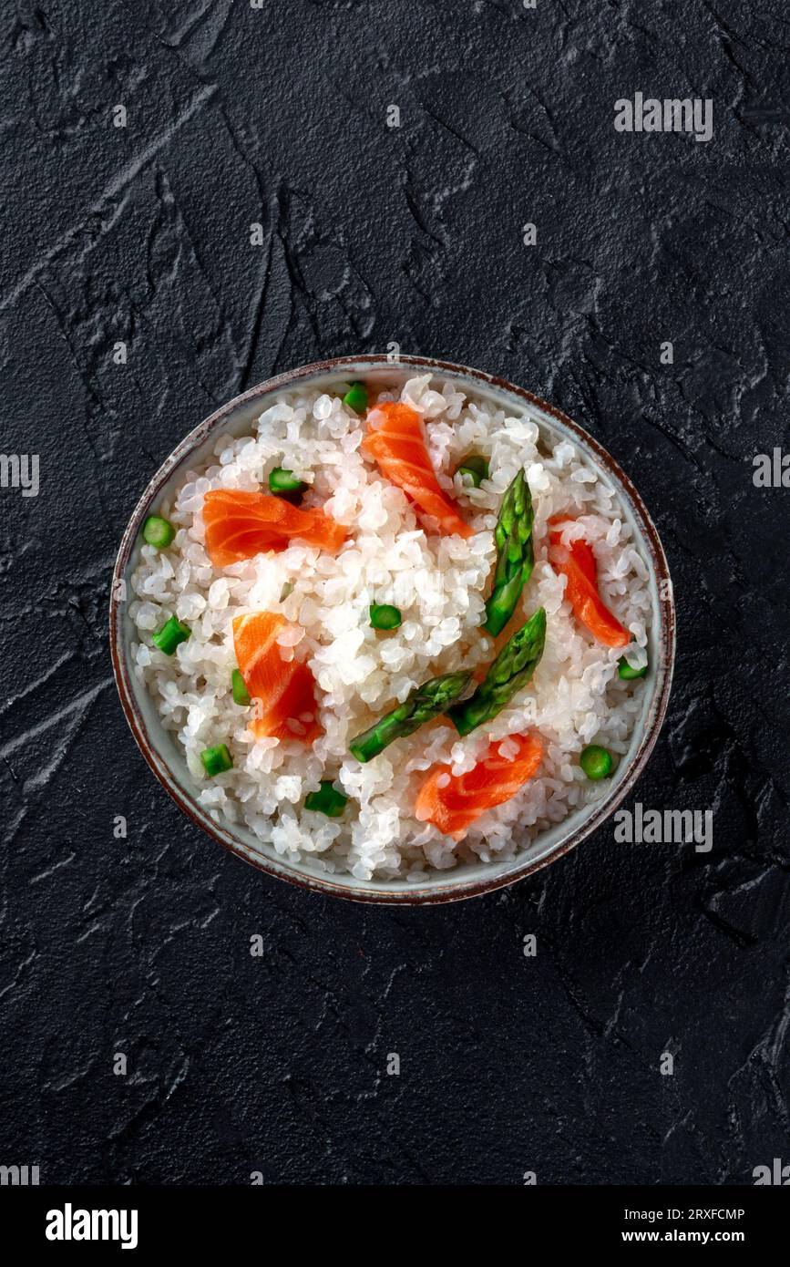 Konjac rice. Shirataki with salmon and asparagus, a healthy diet dish ...