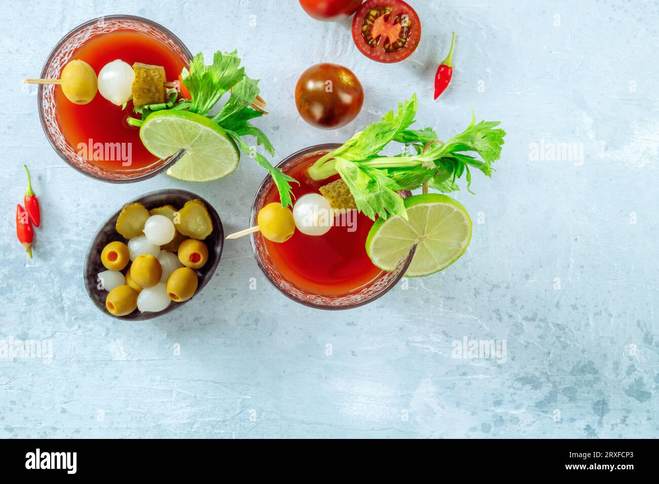 Bloody Mary cocktail with garnish, overhead flat lay shot with copy ...