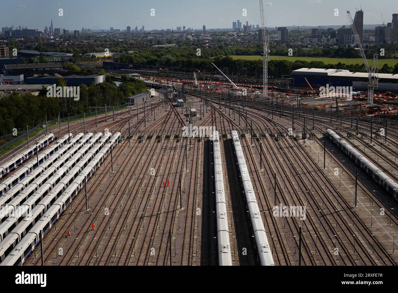 A general view of trains at the Elizabeth line depot at Old Oak Common ...