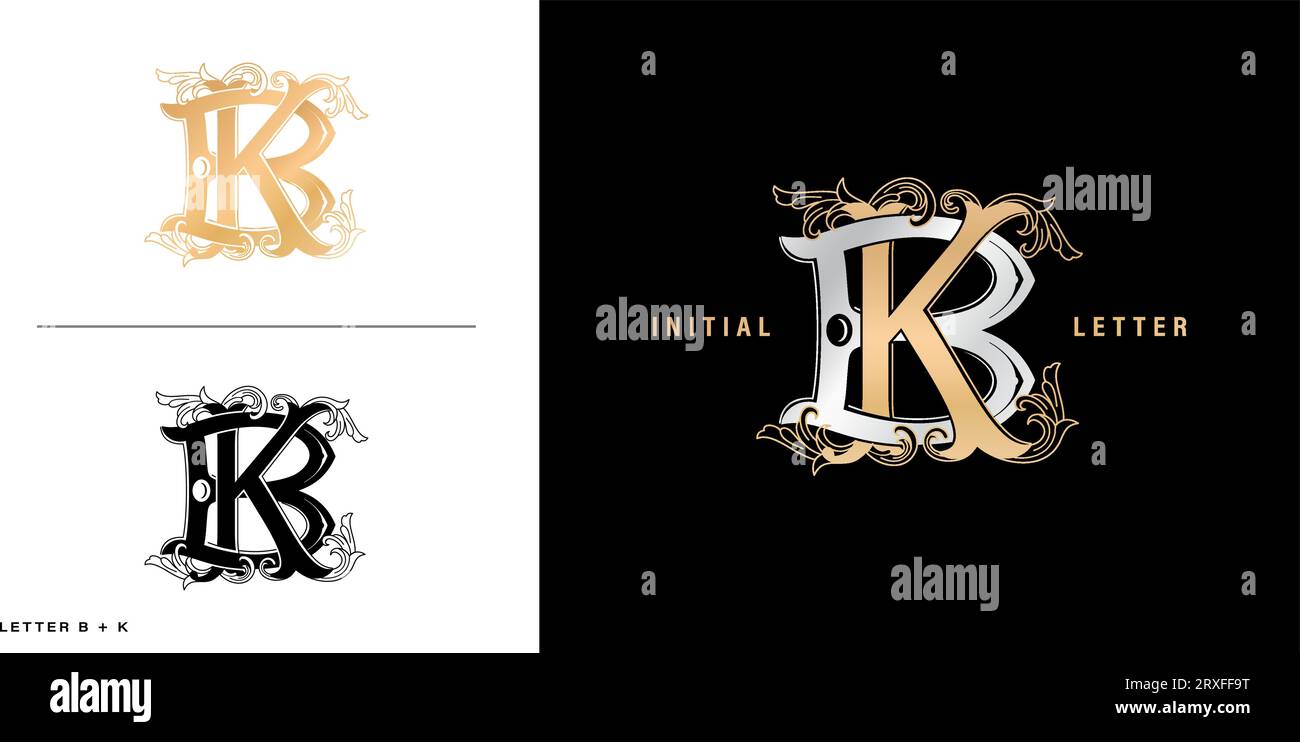 BK or KB Initial Letters K and B in the vintages style with gold and ...