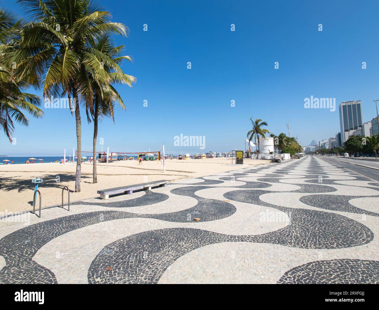 Famous Boardwalk on Copacabana Beach and coconut trees with blue sky in ...