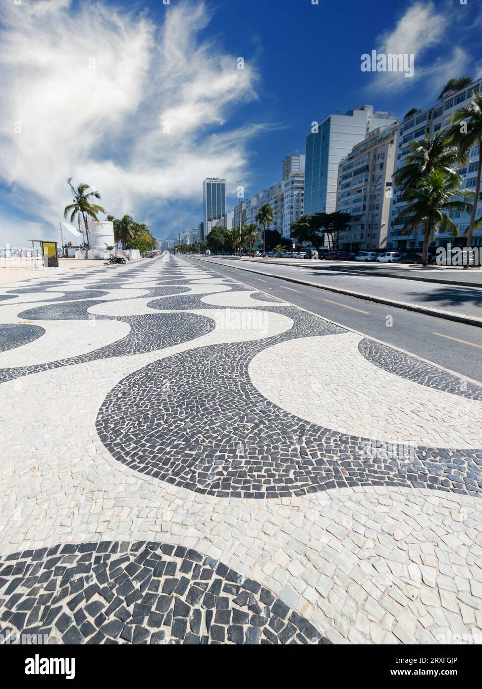 Famous Boardwalk on Copacabana Beach and coconut trees with blue sky in ...