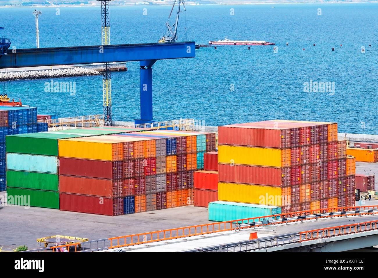 Container Cargo ship with working crane bridge in seaport , logistic ...