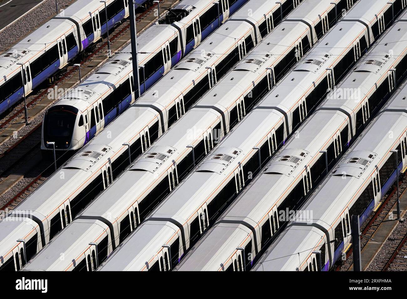 Trains at Elizabeth Line depot at Old Oak Common, in west London. Mayor ...