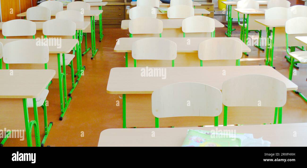 Desks in empty classroom. School Classroom. empty class, no students ...