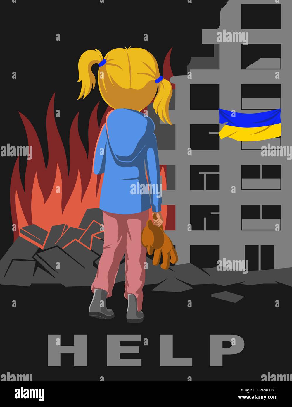 Help Ukraine. Stop War. Little girl with teddy bear standing near ...
