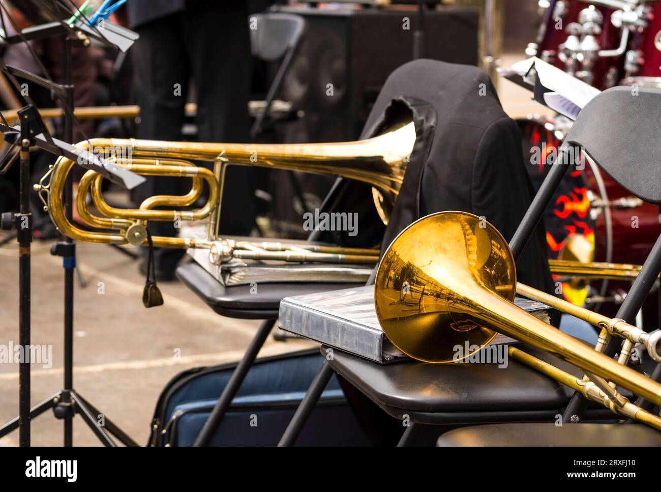 Wind instruments. Hands on musical instruments. Musicians play pipes ...