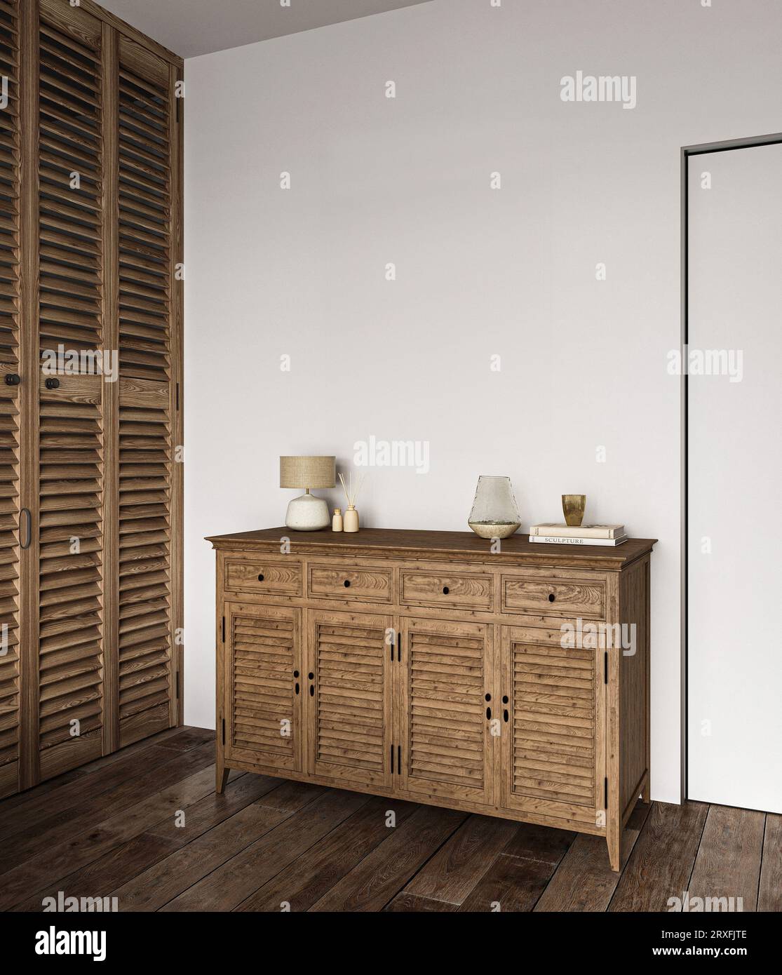 Rustic wooden livingroom with commode and shutters wardrobe background ...