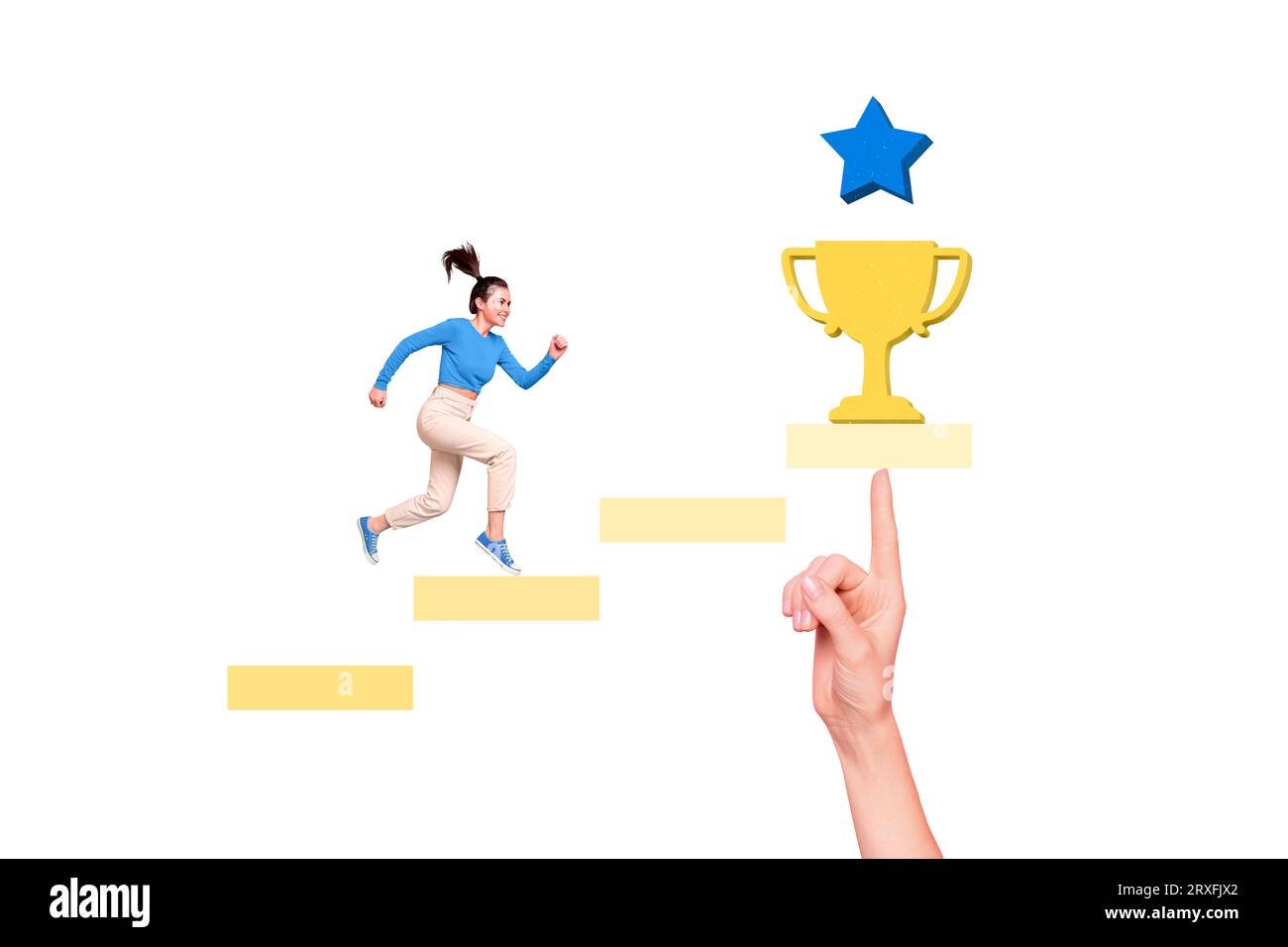 Composite collage illustration of running young woman upstairs ladder ...