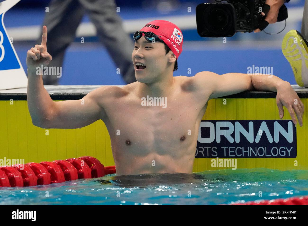 South Korea's Ji Yuchan celebrates after winning the men's 50 meter ...