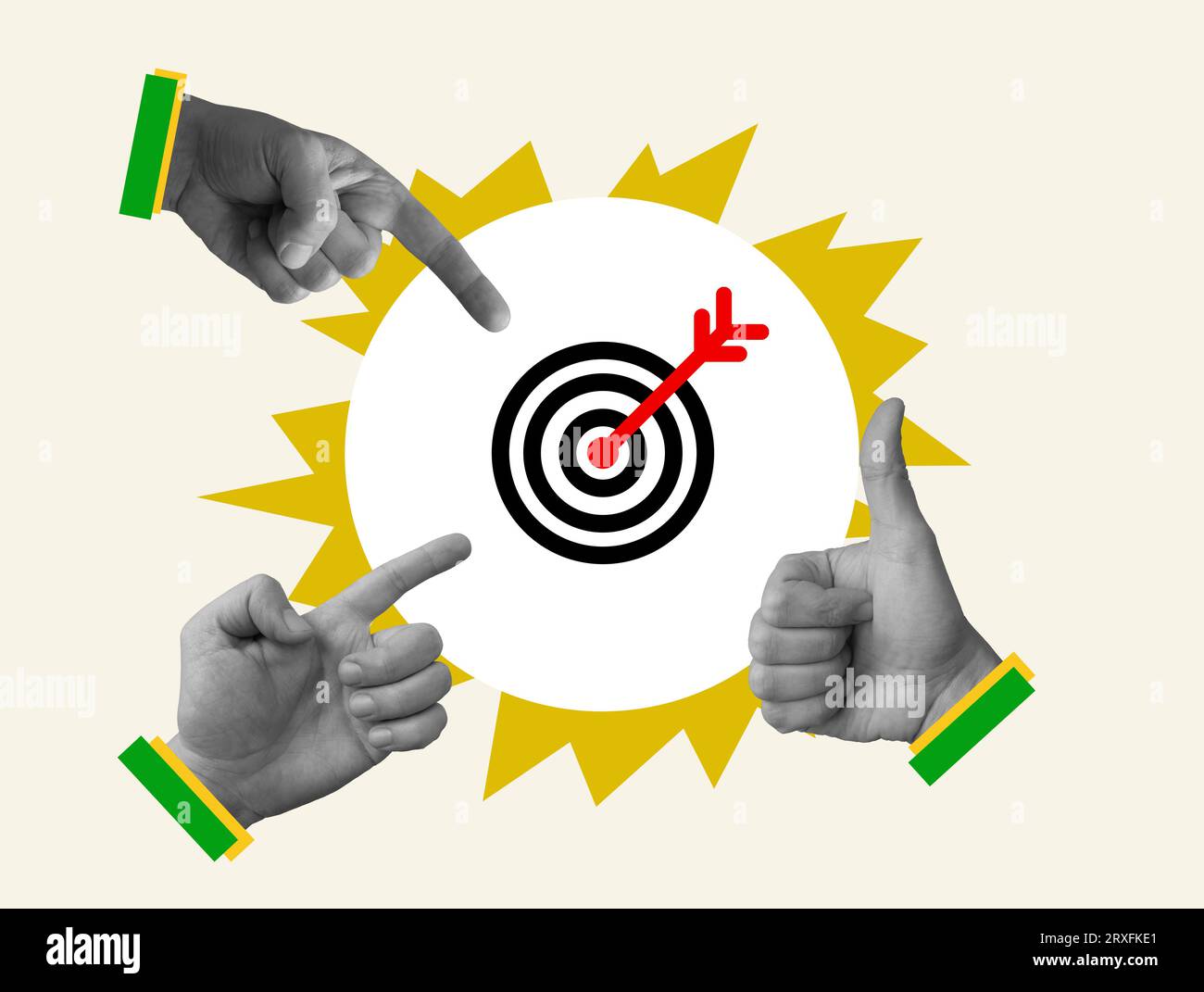 Collage with hands and target as symbol of achieving business goals ...