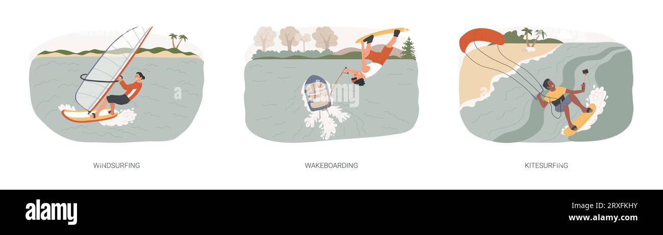 Extreme water fun isolated concept vector illustration set. Windsurfing ...