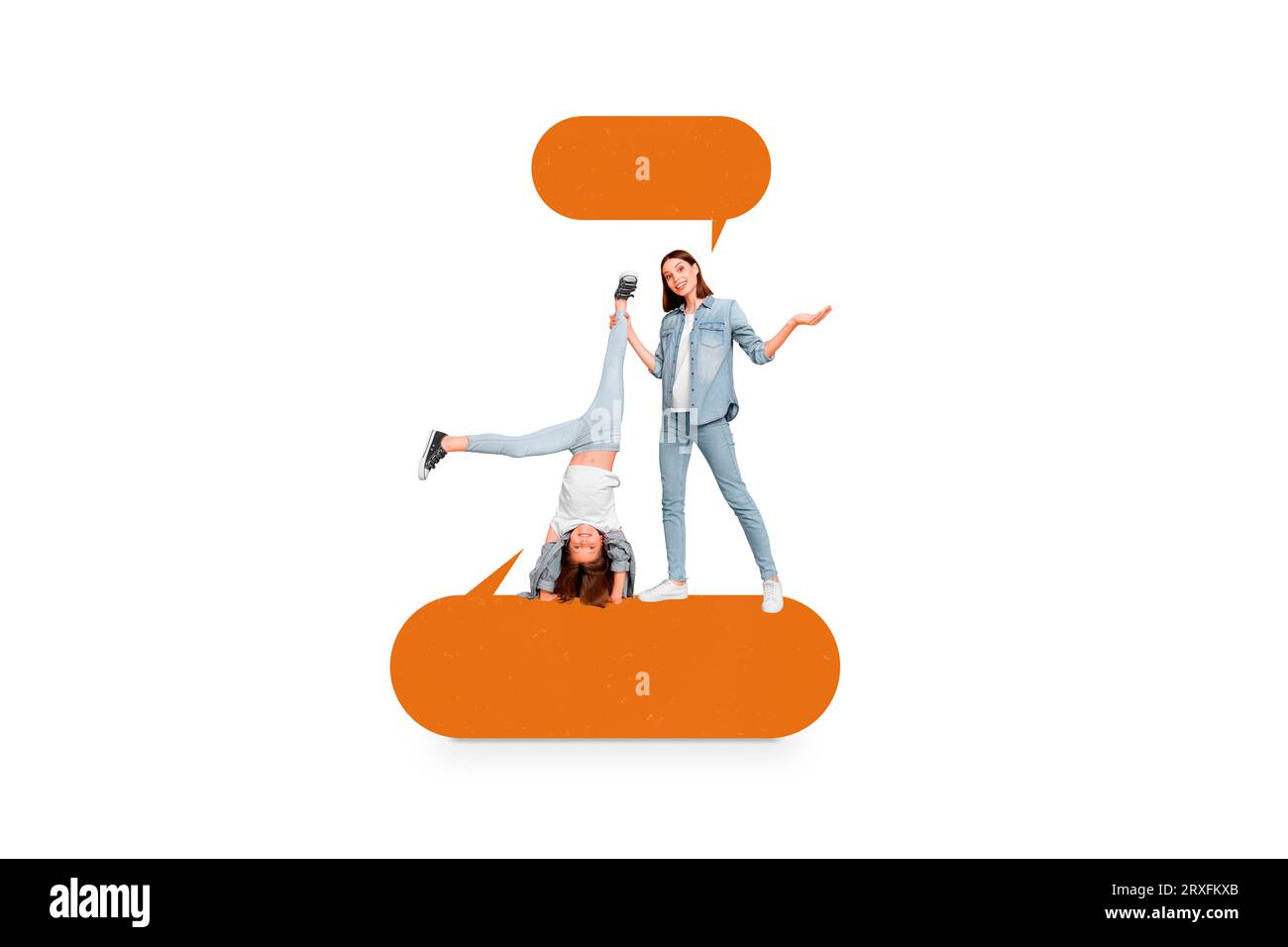 Banner picture collage of happy mother support child acrobat stand ...