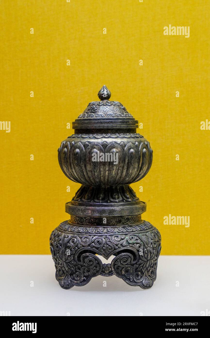 Beijing - China, February 27, 2023: The silver rice box of the Qing ...