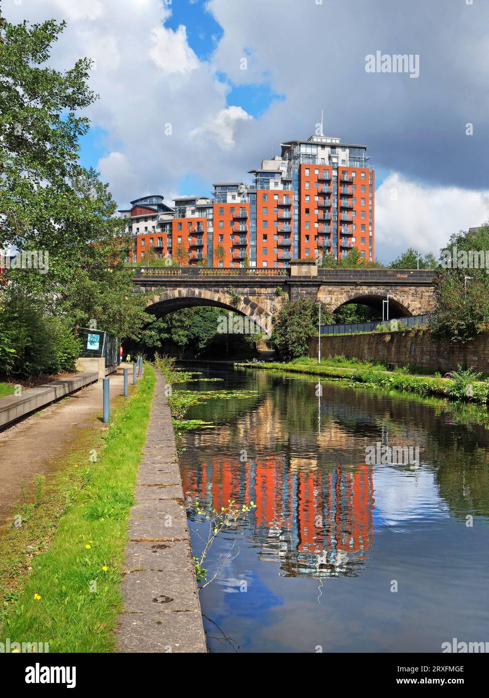 UK,West Yorkshire,Leeds, Bridge over Leeds and Liverpool Canal with ...