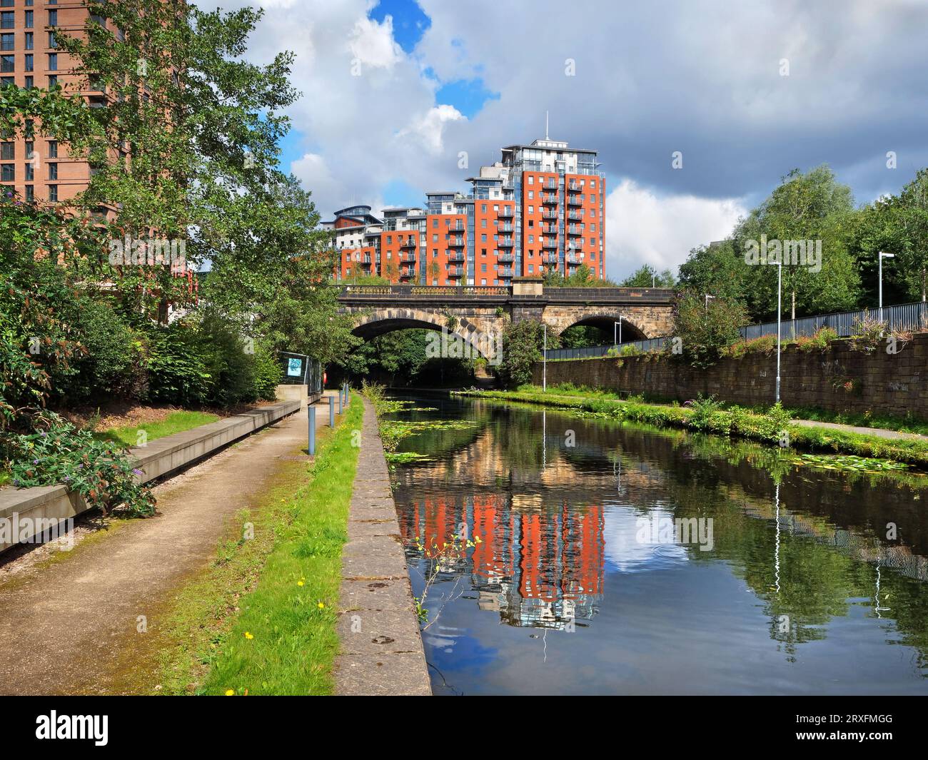 UK,West Yorkshire,Leeds, Bridge over Leeds and Liverpool Canal with ...