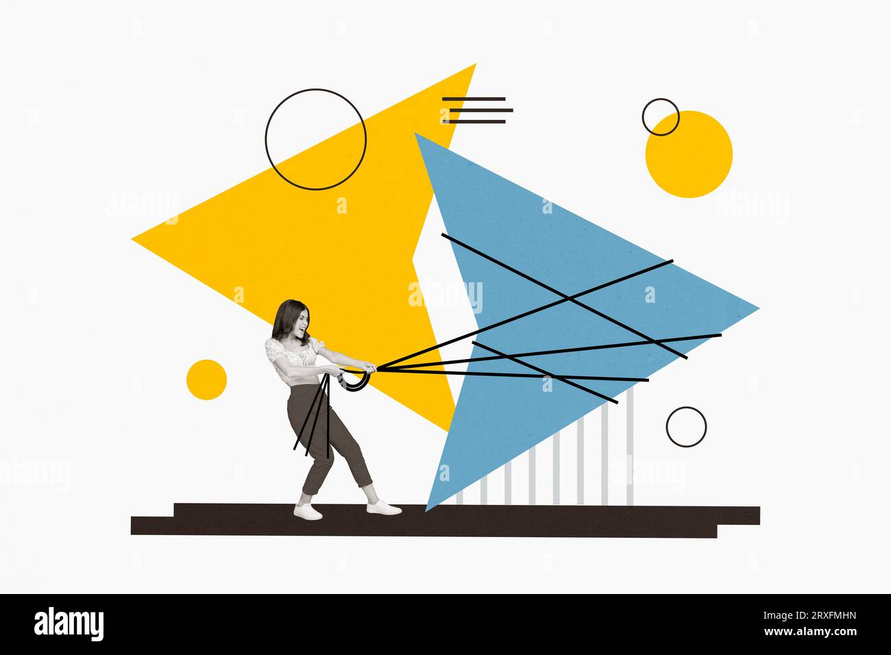 Collage picture of mini black white colors girl arms hold pull strings ...