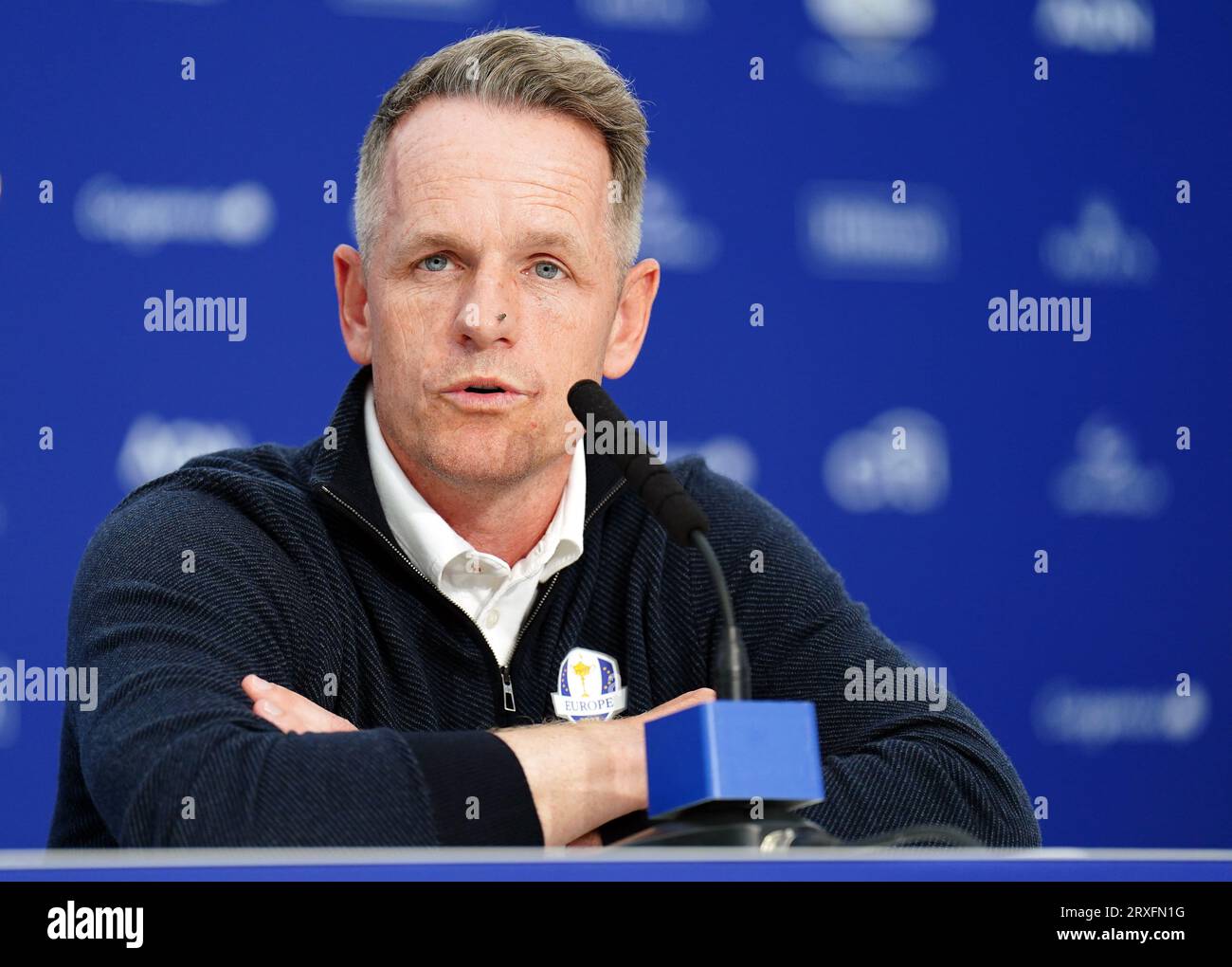 A fly lands on the nose of Team Europe Captain Luke Donald during the ...