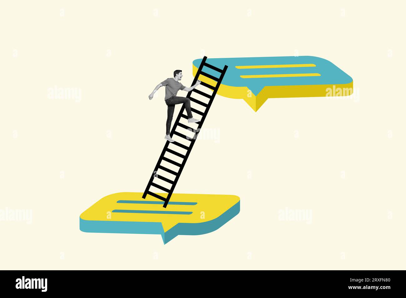 Composite collage image of impressed black white effect mini guy climb ...