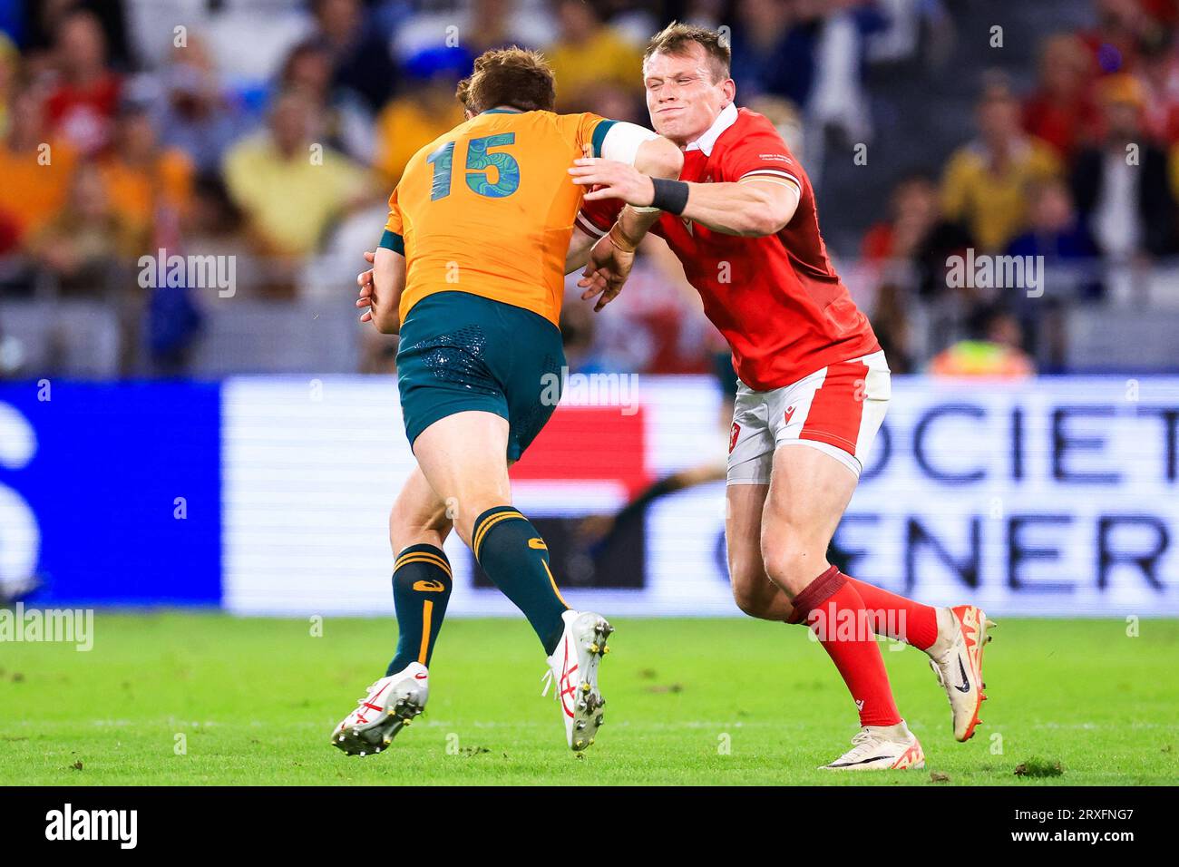 Lyon, France. 24th Sep, 2023. Andrew Kellaway #15 of Australia and Nick ...
