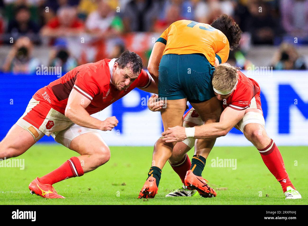 Lyon, France. 24th Sep, 2023. Ryan Elias #2 of Wales, Jordan Petaia #13 ...