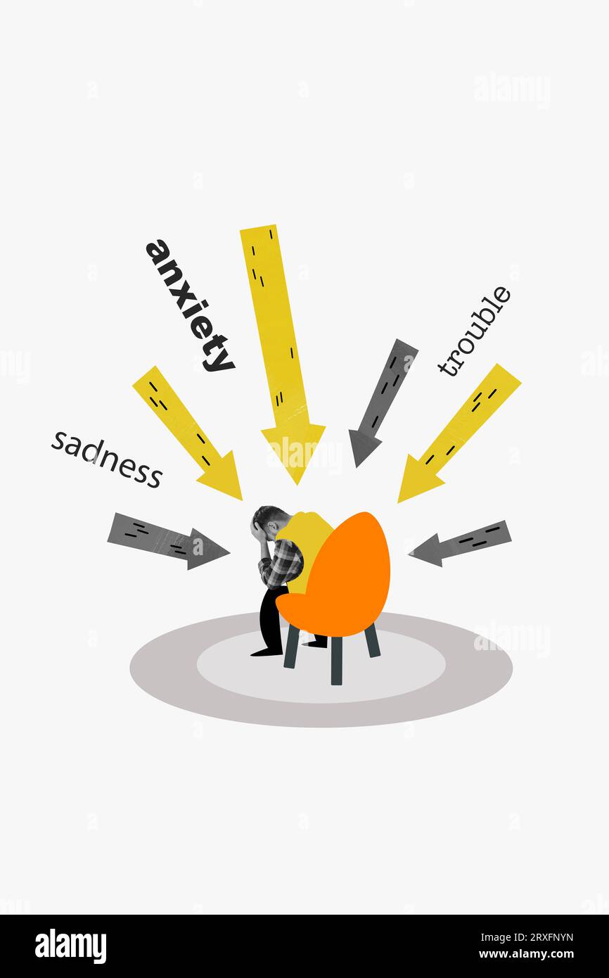 Vertical collage image of sadness anxiety trouble arrow pointers ...