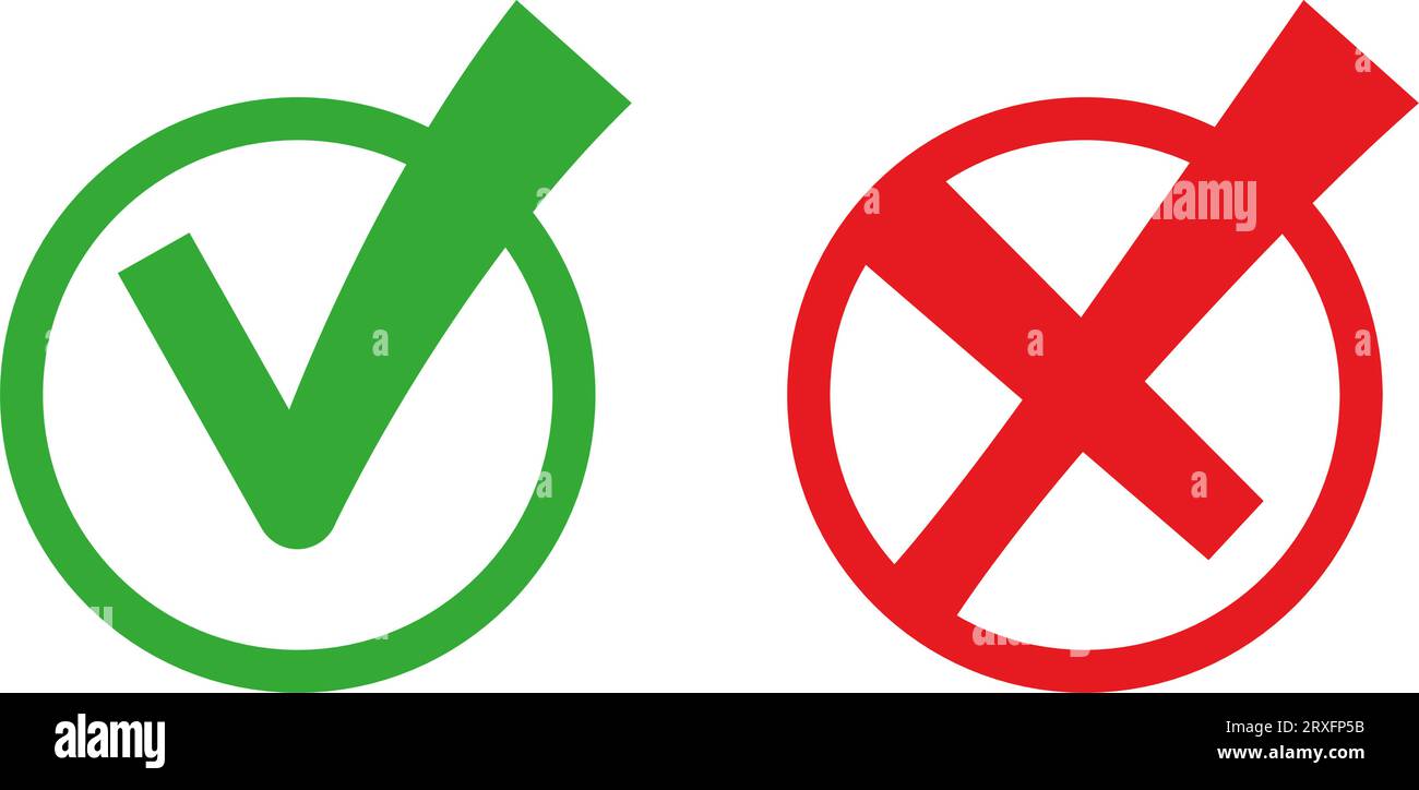 Set of icons with check marks and red cross for an apps and web, flat ...