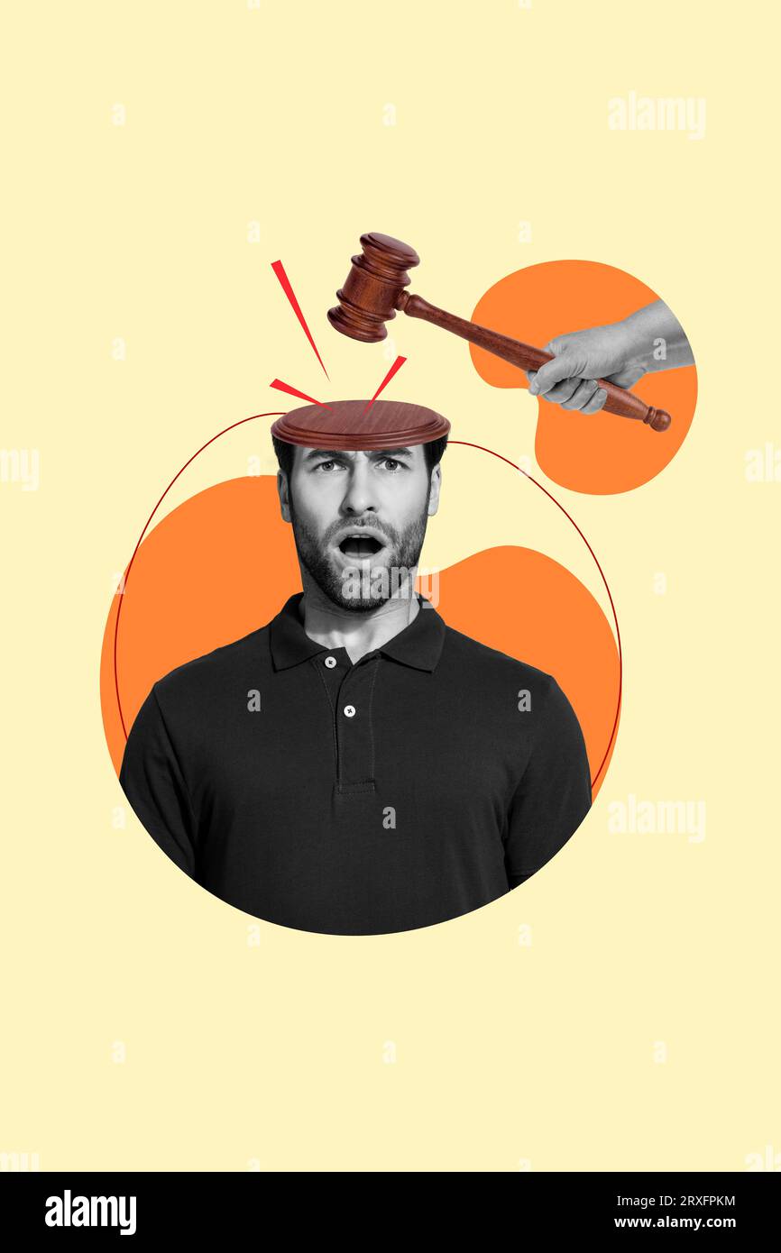 Vertical collage picture of black white colors judge arm hold hammer ...