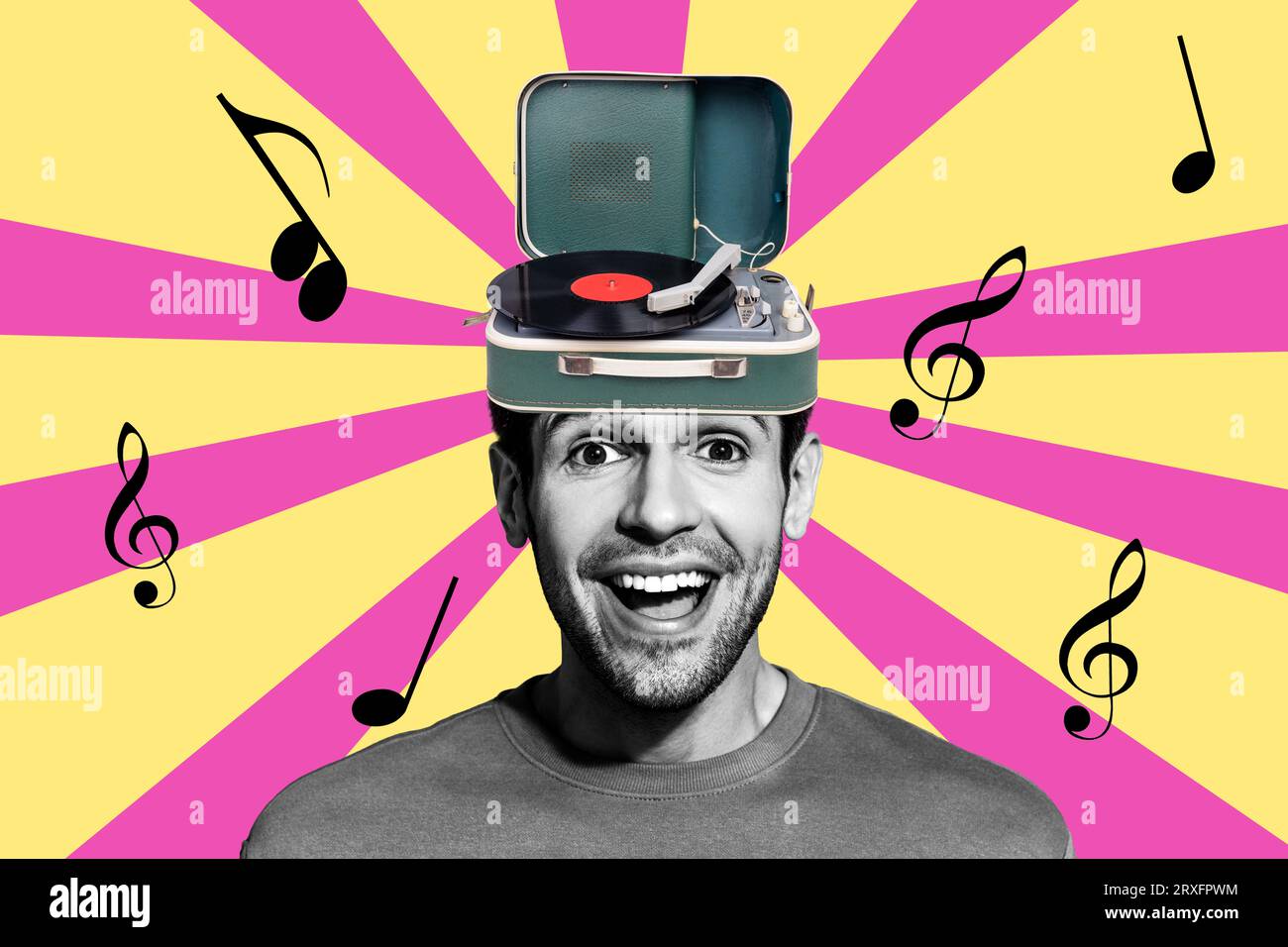 Collage picture of astonished black white colors guy mini vinyl record ...