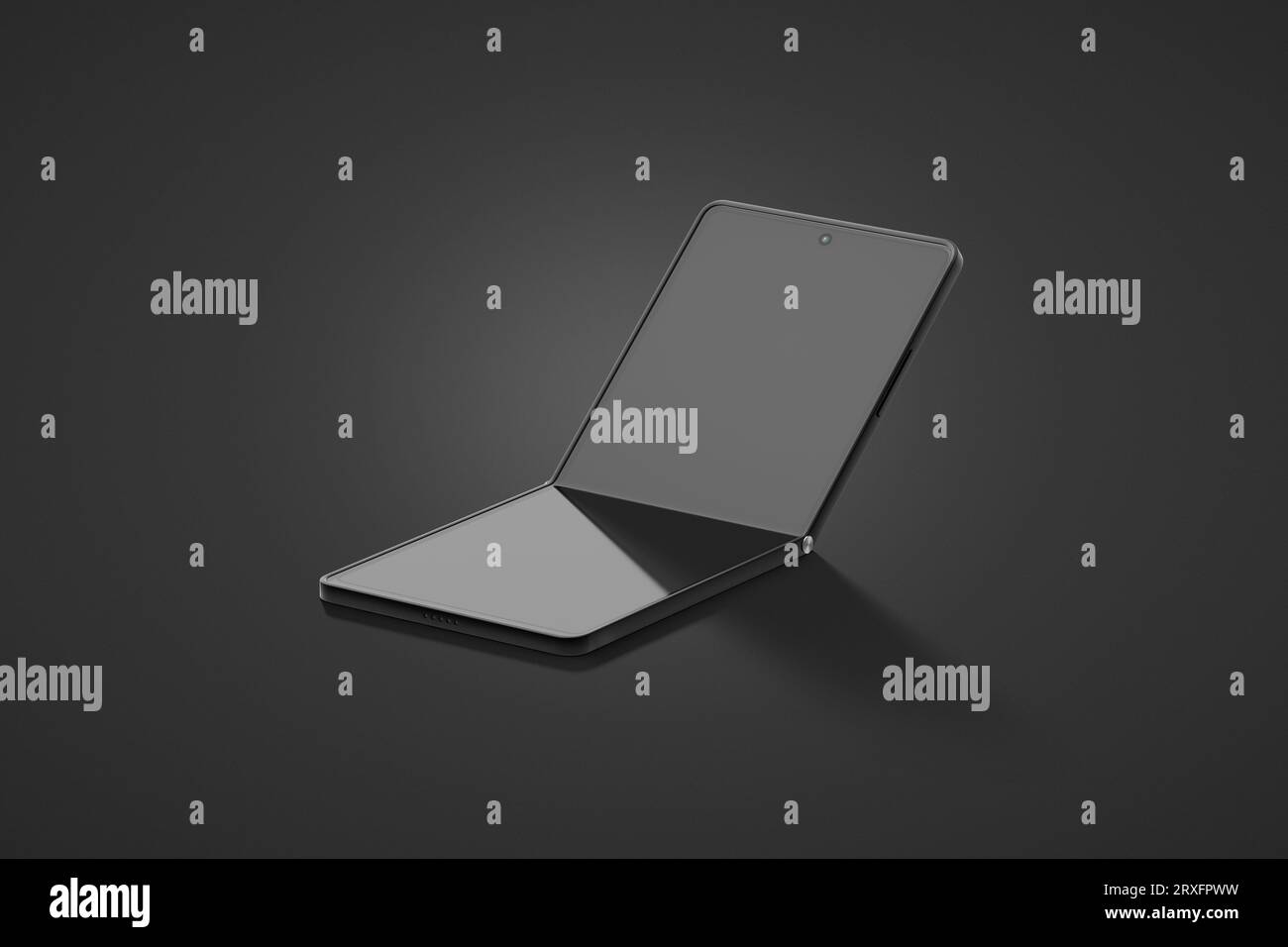 Blank black flexible clamshell phone display folded mockup, dark ...