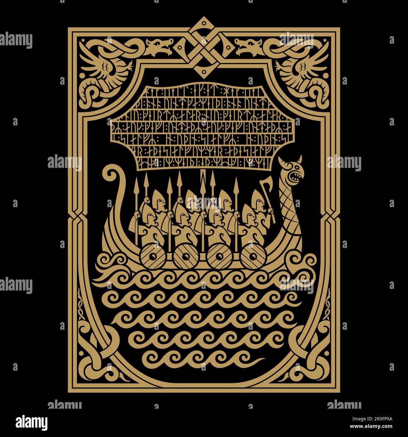 Scandinavian Viking design. Viking warship Drakkar with berserk ...