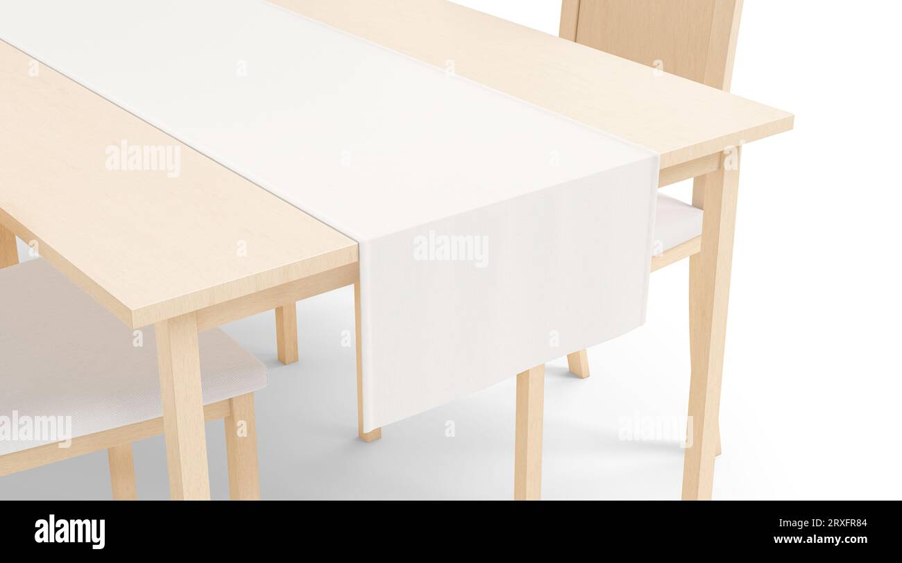 Blank wood table with white runner mockup, side crop view Stock Photo ...