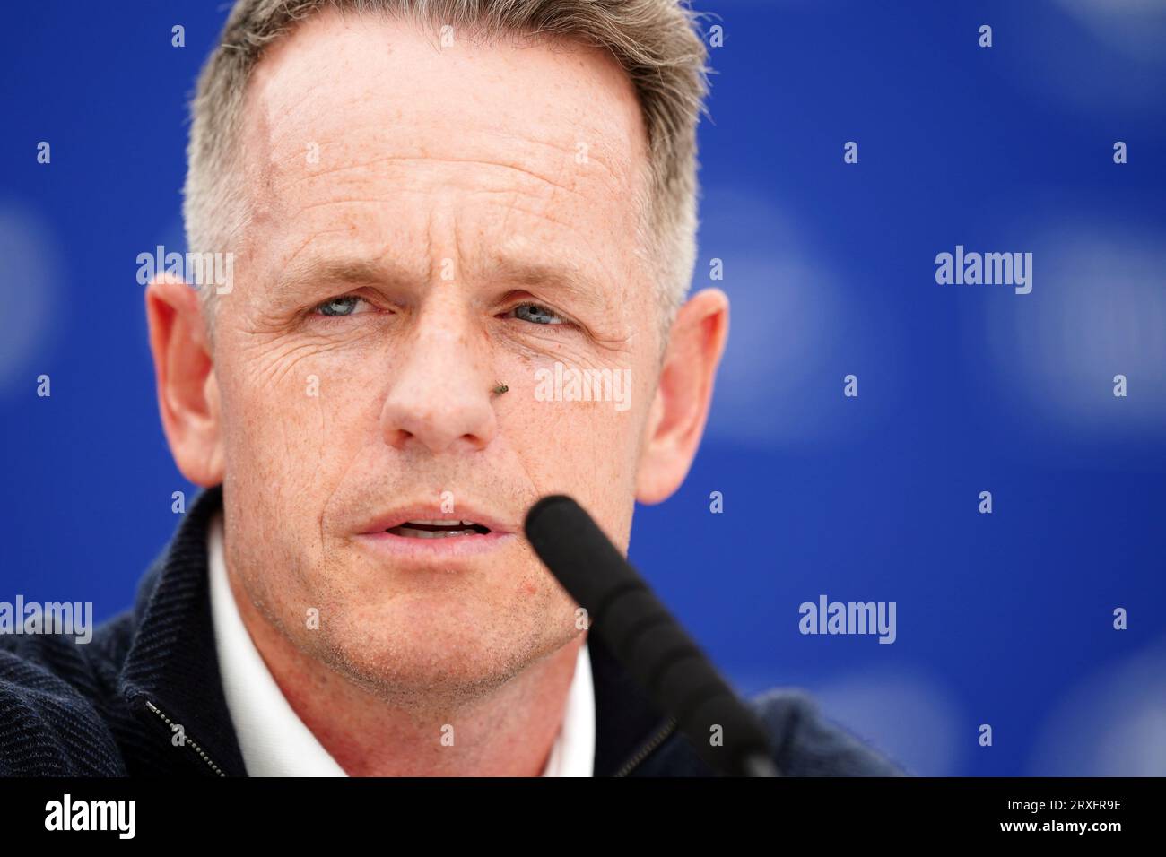 A fly lands on the nose of Team Europe Captain Luke Donald during the ...