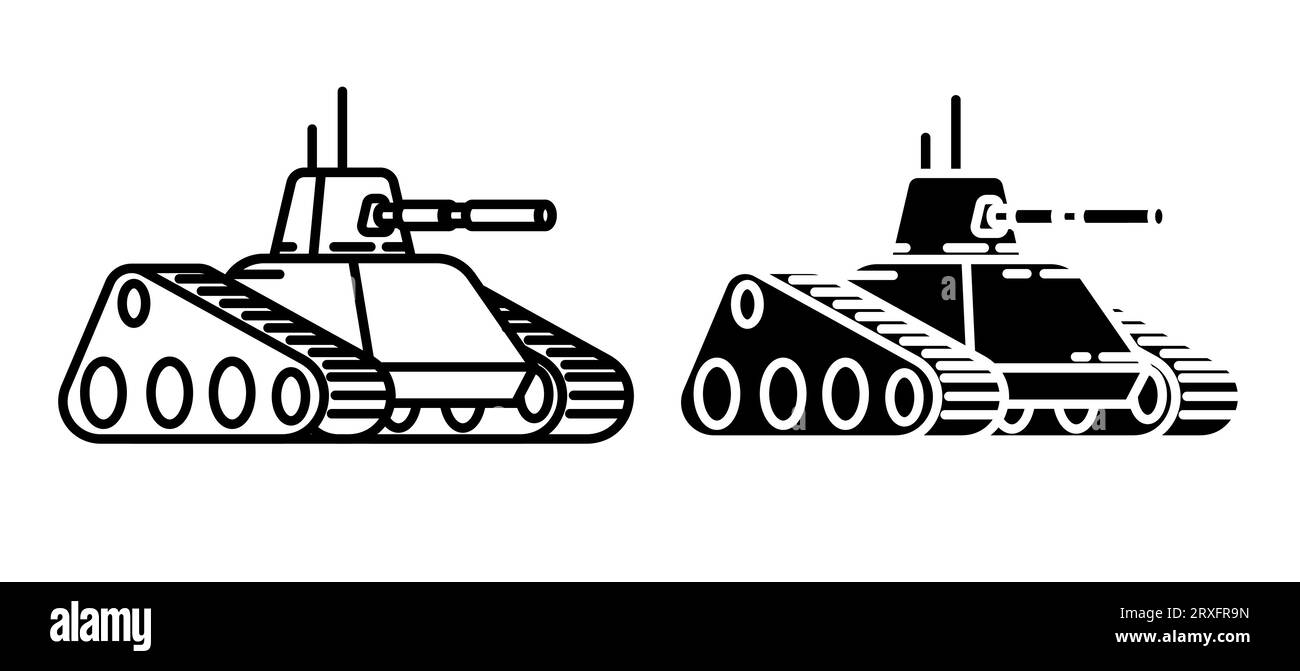 Linear icon, turret army track tank with long barrel for firing ...
