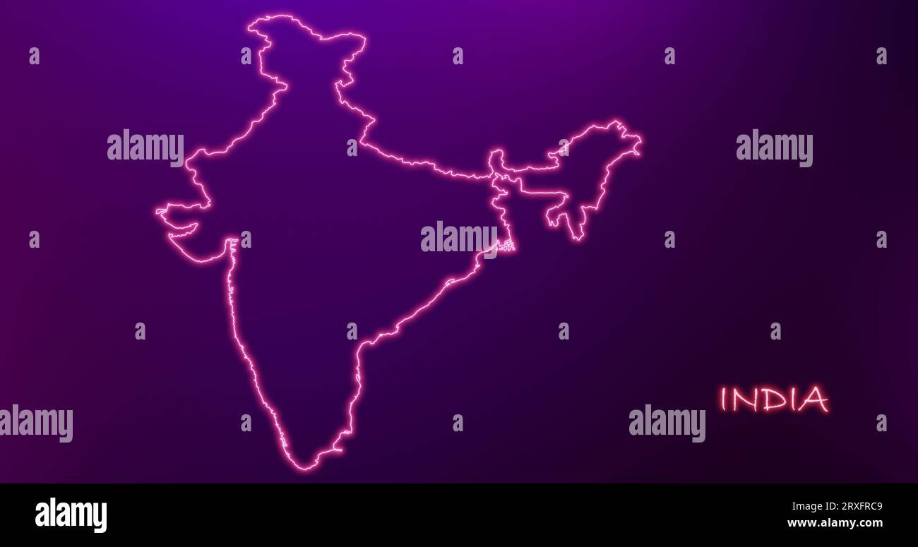 INDIA outline map with neon glowing lines on dark background ...