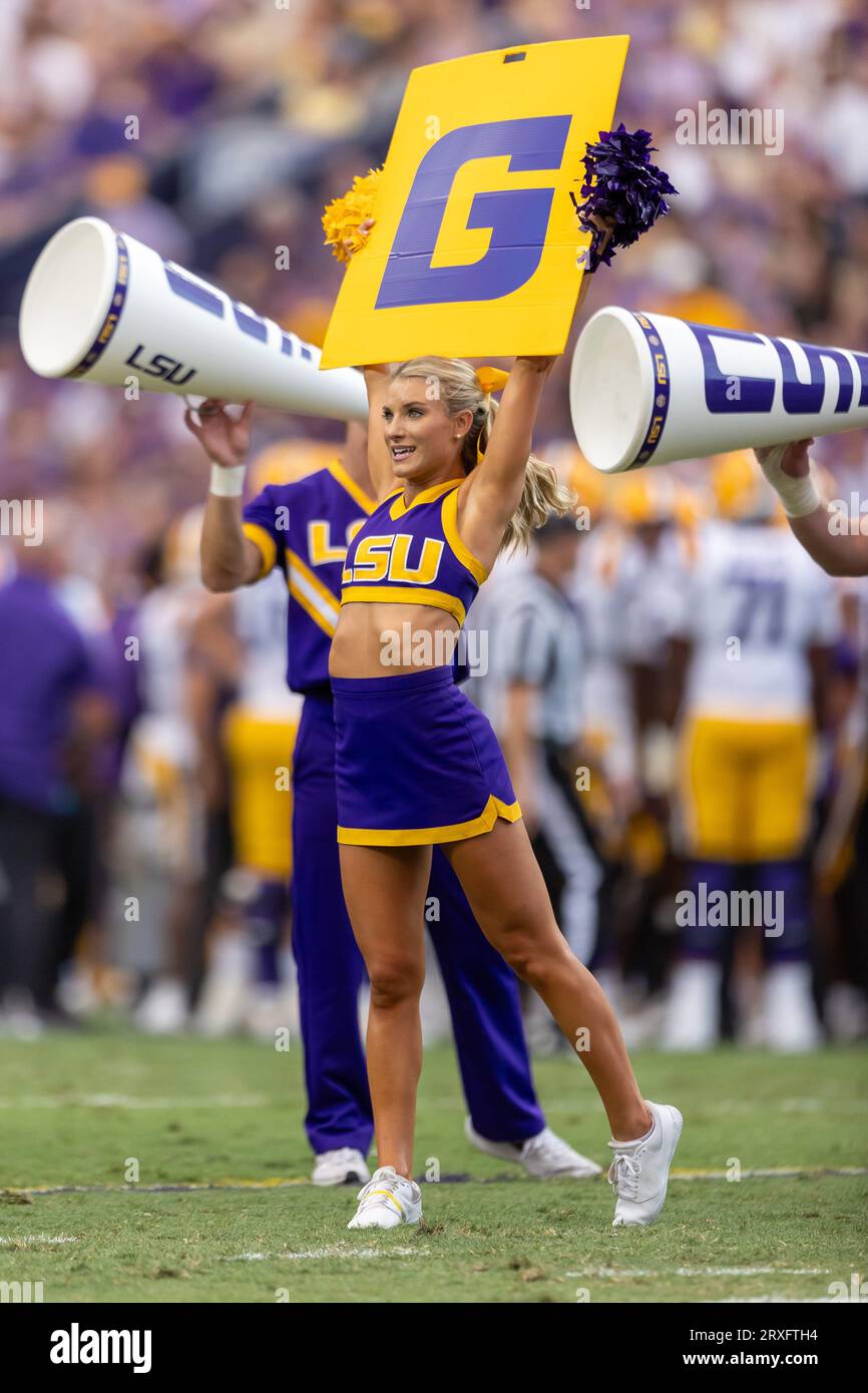 LSU Tigers cheerleader Kimber Hamilton leads the crowd during a timeout ...