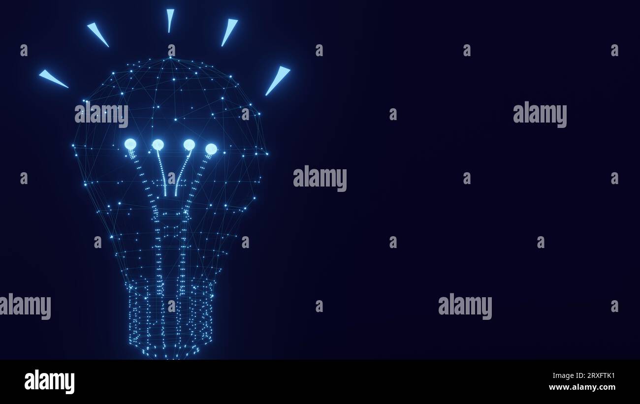 NEON HOLOGRAM BULB WITH CONNECTING DOTS LINES ISOLATED ON DARK BLUE ...