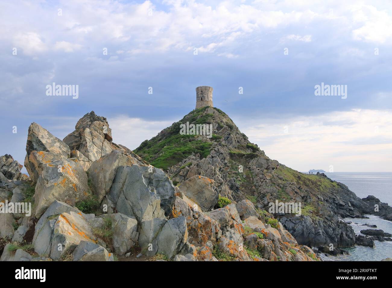 Aerial view of the remains of the Genoese Tower of La Parata built on ...