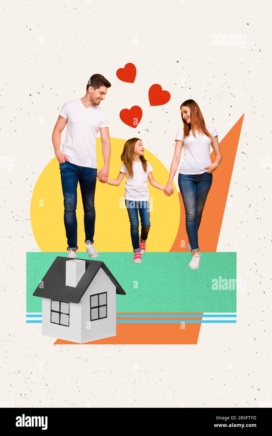Vertical collage of peaceful family hold hands walk heart symbols mini ...