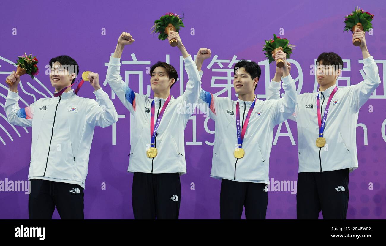 25th Sep, 2023. S. Korea wins gold in men's swimming relay From left ...