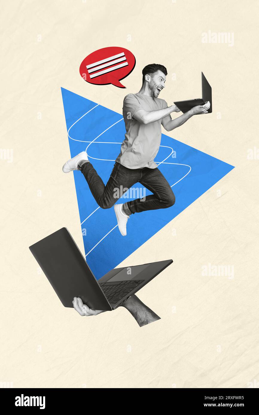 Picture collage artwork of happy guy jump up write sms talk video call ...