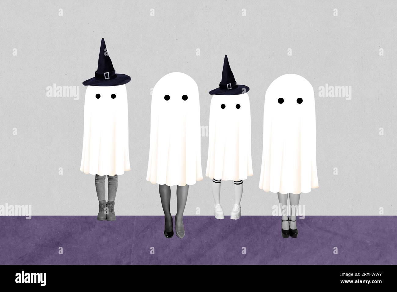 Composite collage image of four funny cute ghosts spirits flying ...