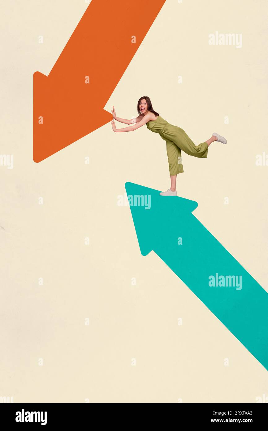 Vertical collage image of excited mini girl stand arms hold big arrow ...