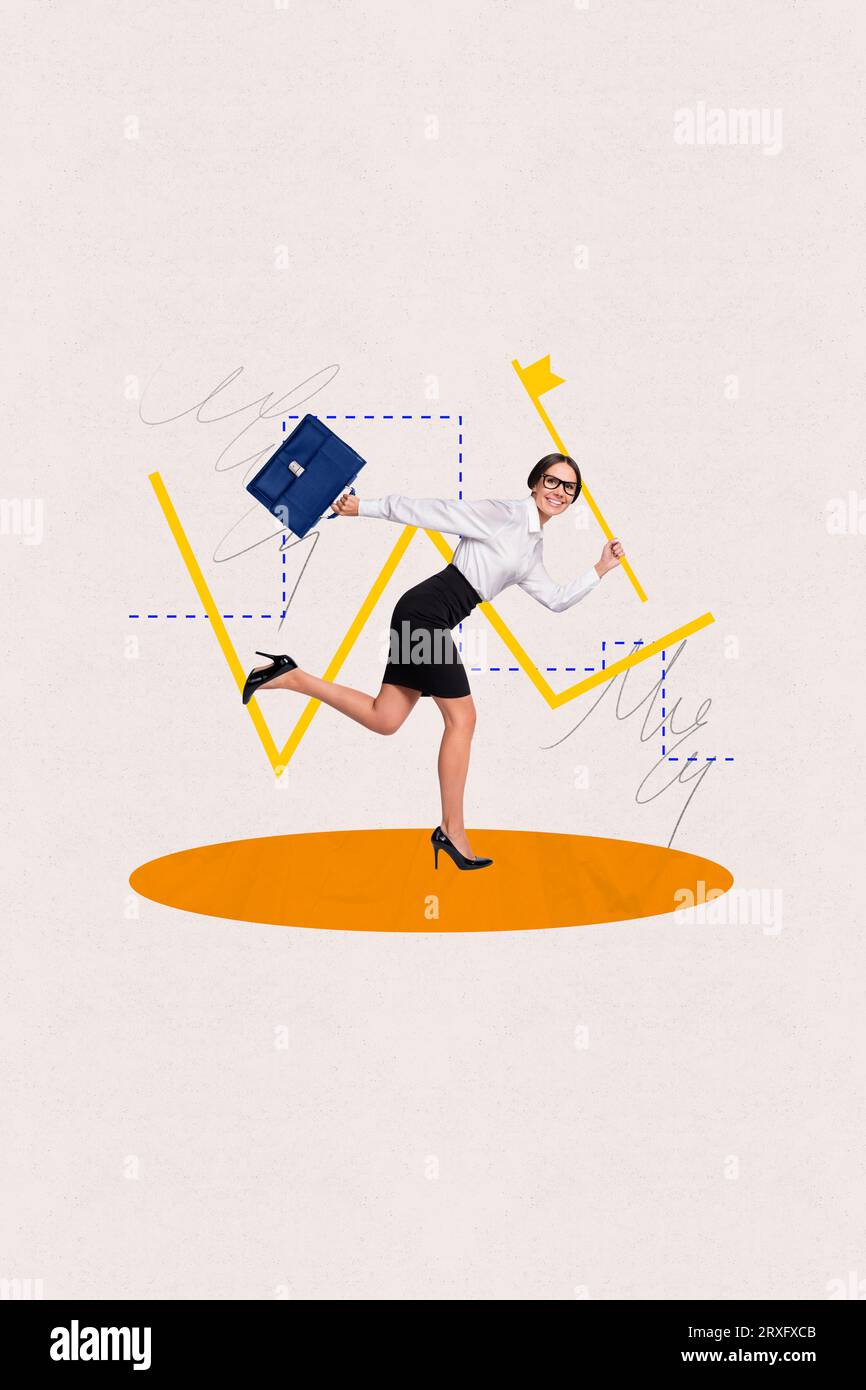 Vertical collage sketch of happy smiling successful lady achieve ...