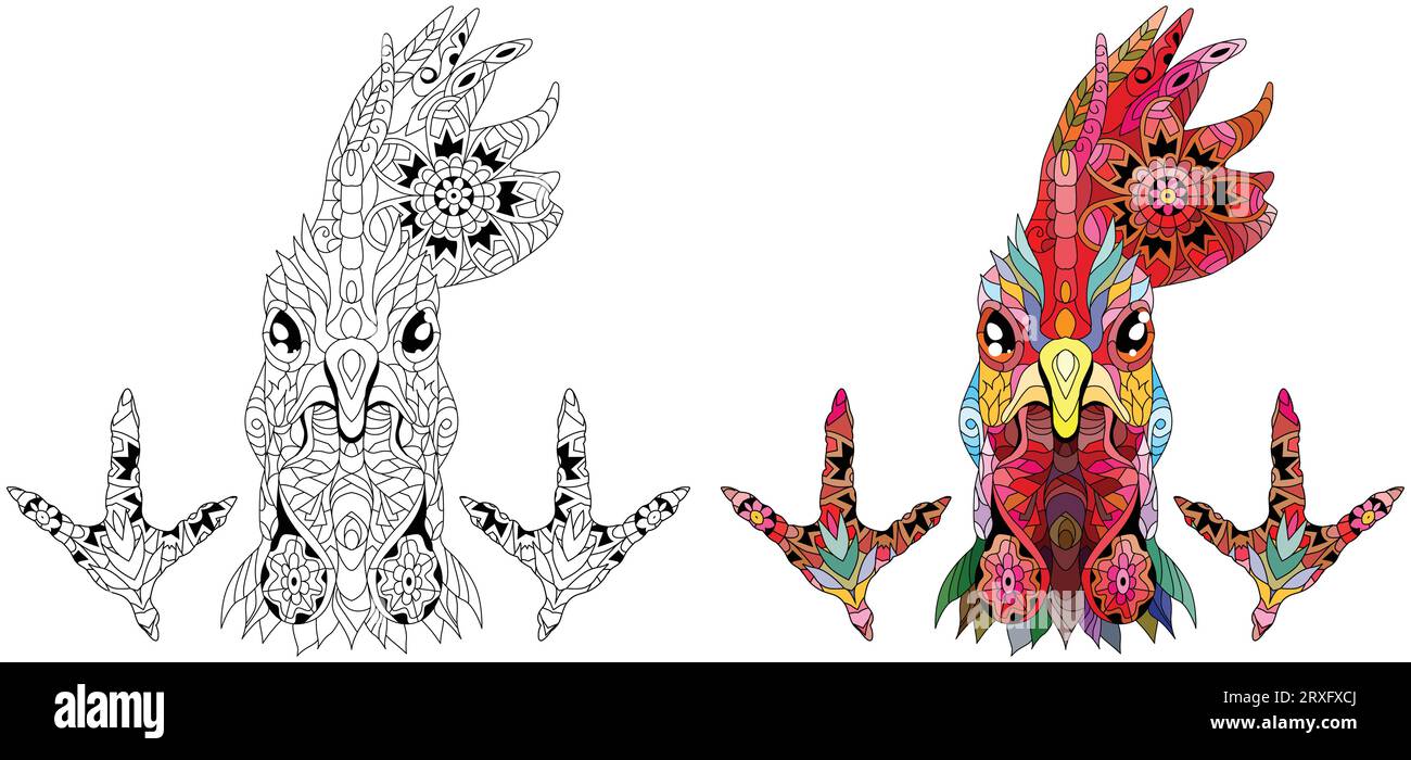 Head of rooster zentangle styled with footprints for coloring, t-shirt ...