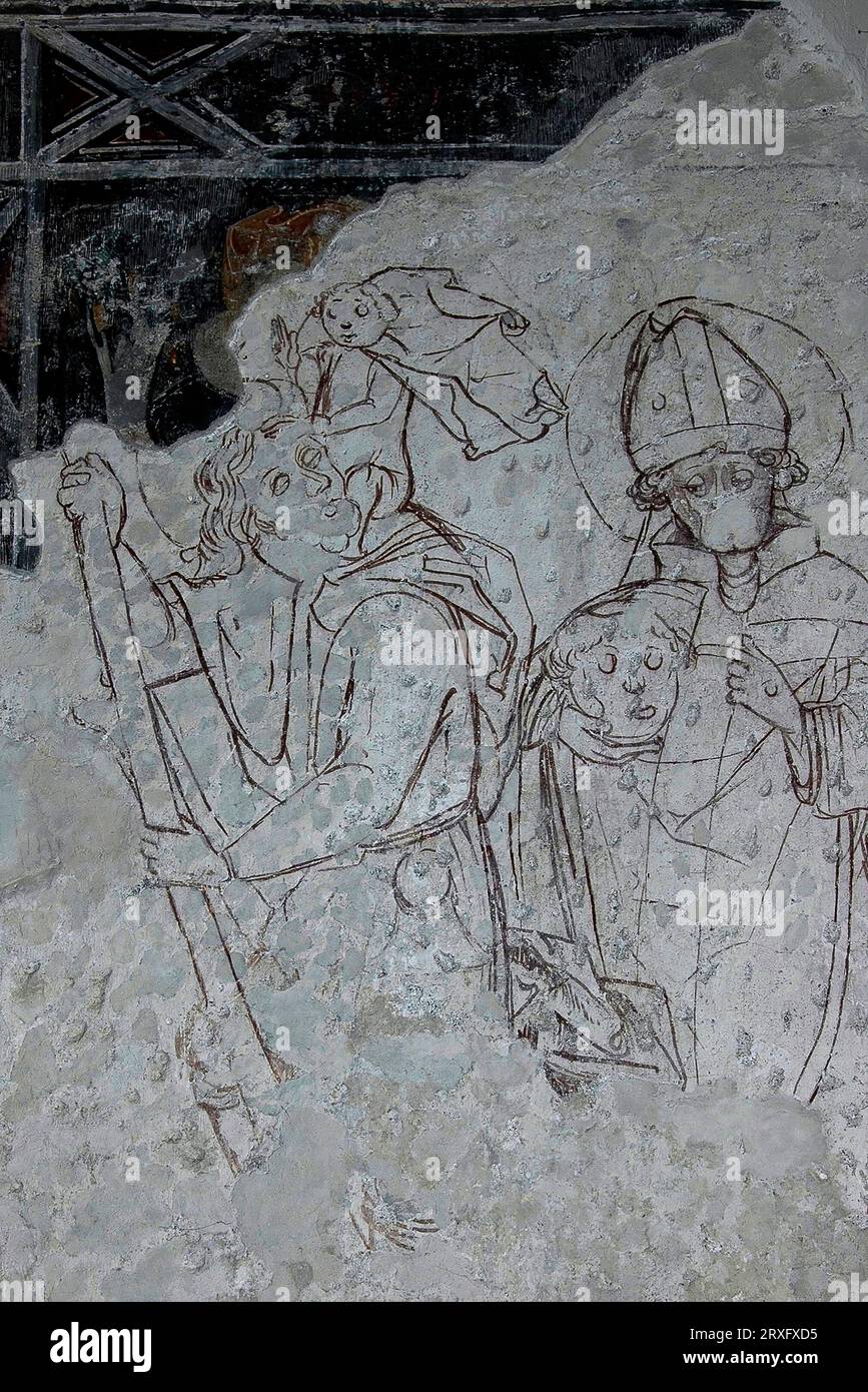 Saint Christopher carrying the Christ Child and a bishop, possibly ...